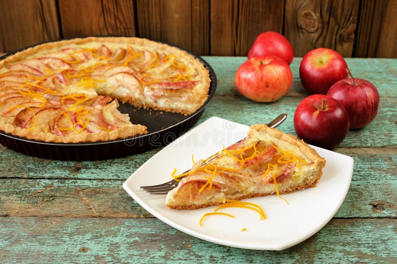 Homemade Open Apple Pie and Whole Red Apples on Vintage Table Stock ...