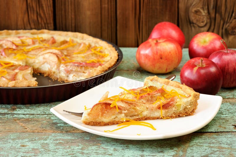 Homemade Open Apple Pie and Whole Red Apples on Vintage Table Stock ...