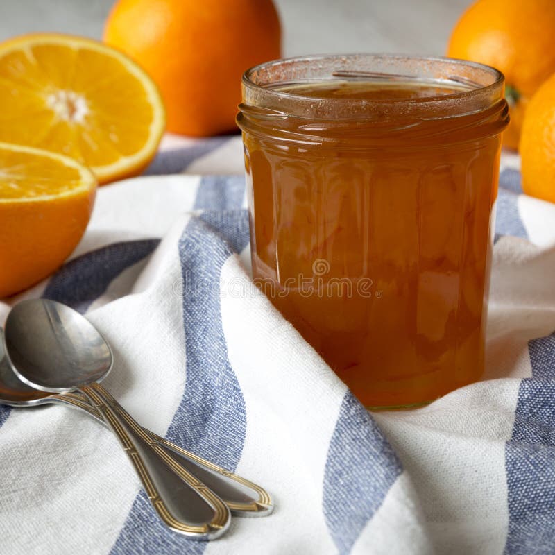 Homemade Orange Jam in Glass Jar, Side View. Closeup Stock Photo ...