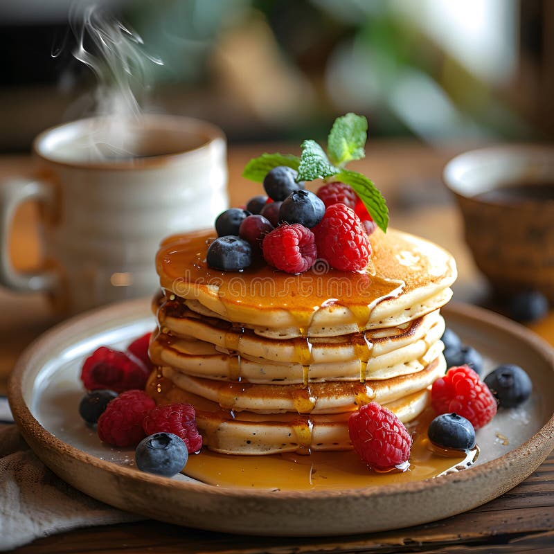 Homemade Pancakes and Coffee on Rustic Kitchen Table. Stock ...