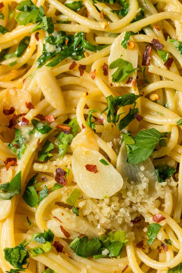 Homemade Pasta Aglio E Olio Dinner Stock Photo - Image of plate, sauce ...