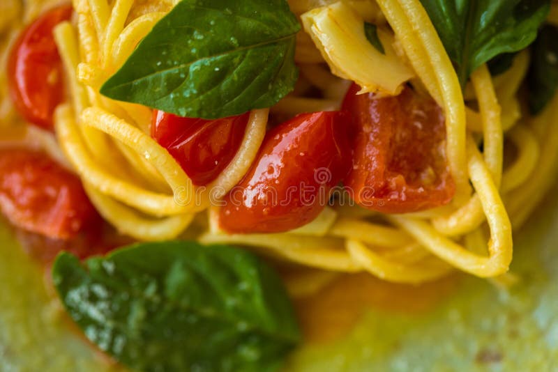 Homemade Pasta with Basil and Tomatoes Stock Photo - Image of basil ...