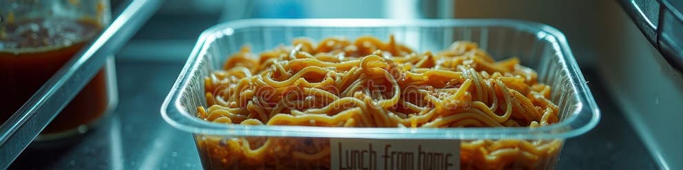 Homemade Pasta in Container with Lunch from Home Label on Shelf Stock ...