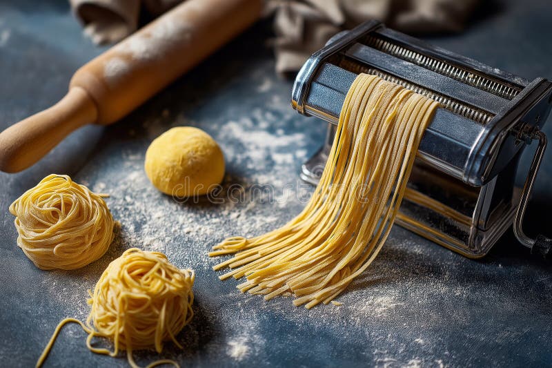 Homemade Pasta Set: Raw Dough, Pasta Maker, and Finished Spaghetti ...
