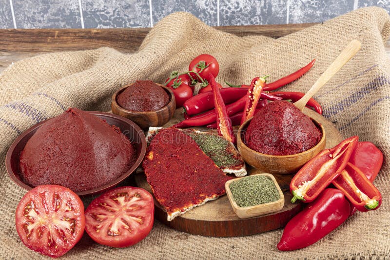 Homemade Paste with Peppers, Tomatoes, Bread and Sauce on a Wooden ...