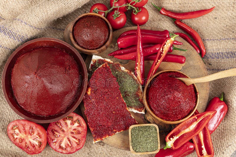 Homemade Paste with Peppers, Tomatoes, Bread and Sauce on a Wooden ...