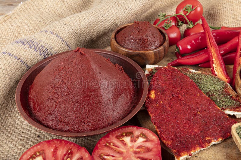 Homemade Paste with Peppers, Tomatoes, Bread and Sauce on a Wooden ...