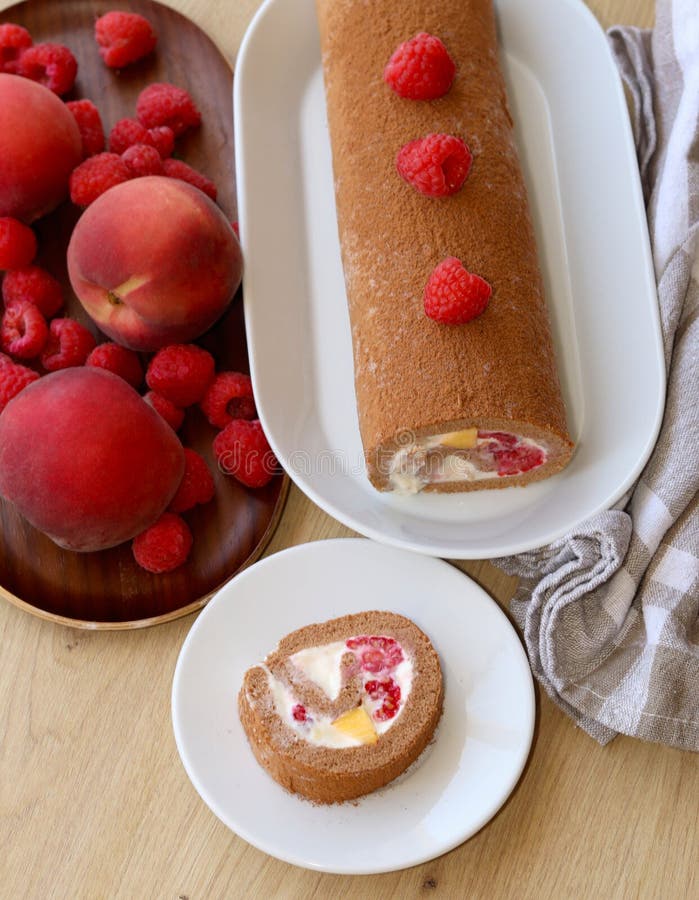 Homemade, Peach and Raspberry Chocolate Roll Stock Photo - Image of ...