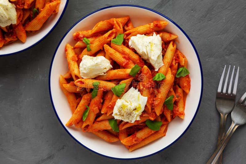 Homemade Penne Alla Vodka with Bacon, Cheese and Basil Stock Image ...