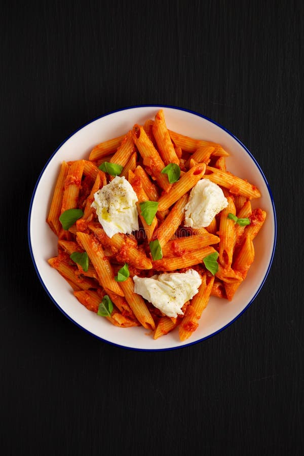 Homemade Penne Alla Vodka with Bacon, Cheese and Basil. Close-up Stock ...