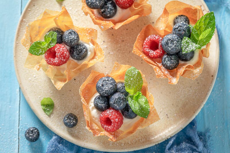Homemade Phyllo Cups with Fresh Berries and Whipped Cream Stock Image ...