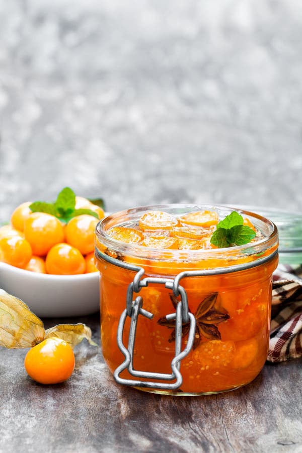 Homemade Physalis Jam in Jar on Wooden Table Stock Image - Image of ...