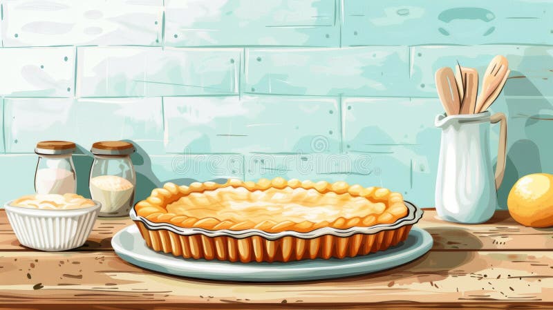 Homemade Pie on Rustic Kitchen Counter with Ingredients and Utensils ...