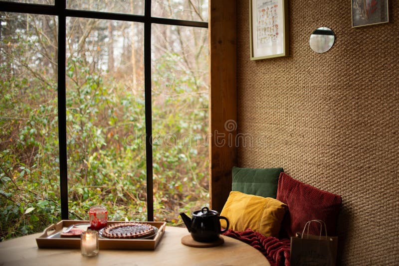Homemade Pie on Table in Log Cabin. Breakfast in Forest House Stock ...