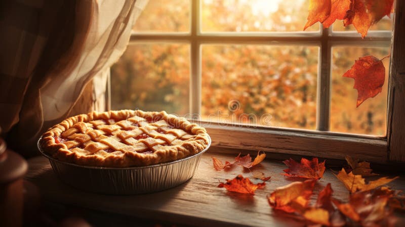 Homemade Pie on Windowsill with Autumn Leaves Stock Illustration ...