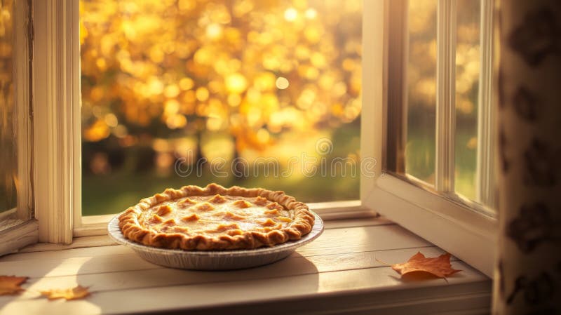 A Homemade Pie on a Windowsill with Autumn Leaves Stock Illustration ...
