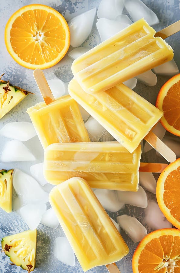 Homemade Pineapple Orange Popsicles Displayed among Fresh Fruit Slices ...