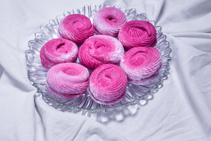 Homemade Pink Marshmallows. Zephyr on White Textille Background. Stock ...