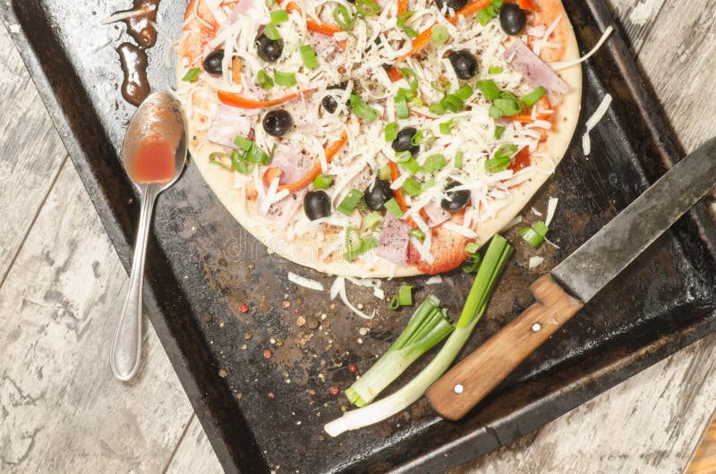Homemade Pizza on Baking Tray and Ingredients for Cooking Stock Image ...