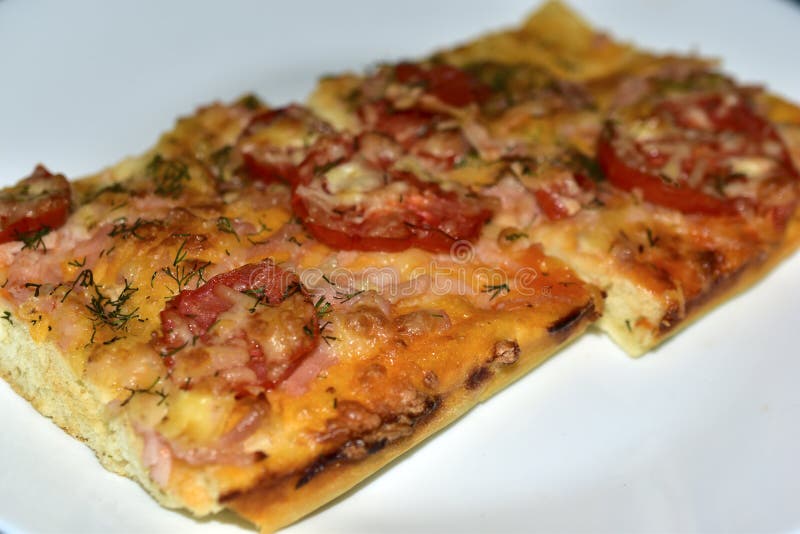 Homemade Pizza Cut into a Square with Ham and Cheese Stock Image ...