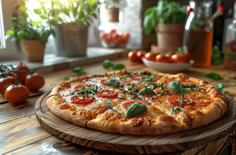 Homemade Pizza on Wooden Board on Table in Kitchen Stock Photo - Image ...