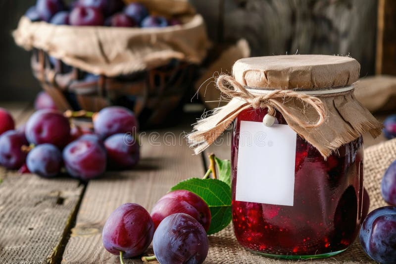 Homemade Plum Jam in Glass Jar on Rustic Wooden Table Stock Photo ...