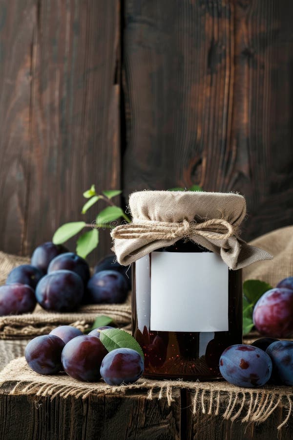 Homemade Plum Jam in Glass Jar on Rustic Wooden Table Stock Photo ...