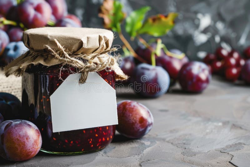 Homemade Plum Jam in Glass Jar on Rustic Wooden Table Stock Photo ...