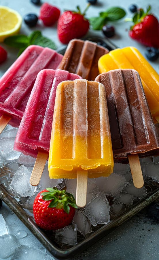 Homemade Popsicles with Fresh Fruit on Tray of Ice Stock Image - Image ...