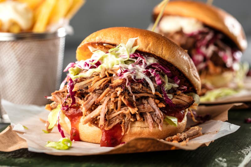 Homemade Pulled Pork Burger With Bbq Sauce Close Up Stock Image Image Of Fries French 134330051