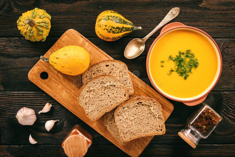 Homemade Pumpkin Cream Soup on Black Background. Stock Photo - Image of ...