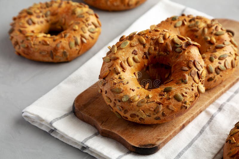 Homemade Pumpkin Seed Bagels Ready To Eat, Side View Stock Image ...