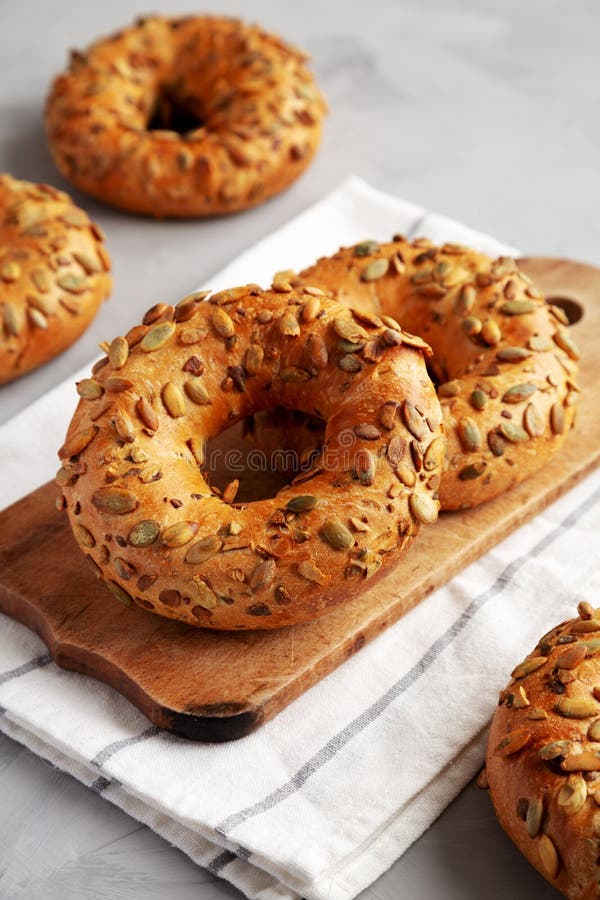 Homemade Pumpkin Seed Bagels Ready To Eat, Side View Stock Image ...