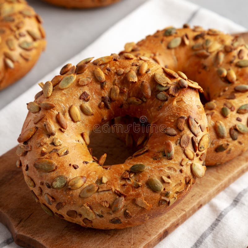 Homemade Pumpkin Seed Bagels Ready To Eat, Side View Stock Image ...