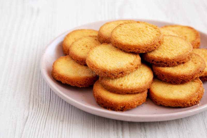 Homemade Pure Butter Shortbreads on a Pink Plate, Side View. Copy Space ...