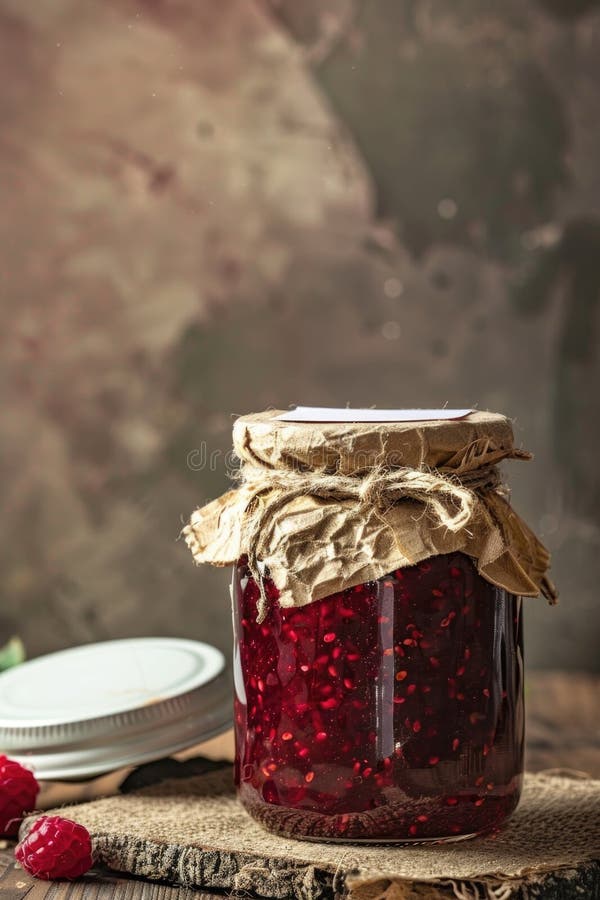 Homemade Raspberry Jam in Glass Jar on Rustic Wooden Background Stock ...