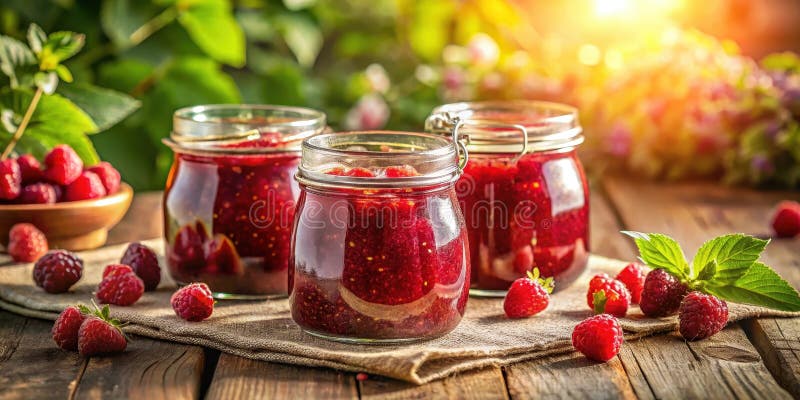 Homemade Raspberry Jam in Glass Jars on Rustic Wooden Table. Generative ...