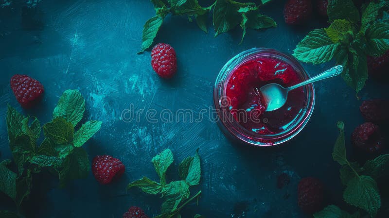 Homemade Raspberry Jam in Jar with Fresh Mint Leaves and Spoon on Blue ...