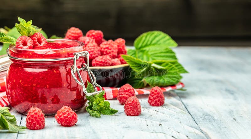 Homemade Raspberry Jam in Jar with Raspberries and Mint. Long Banner ...