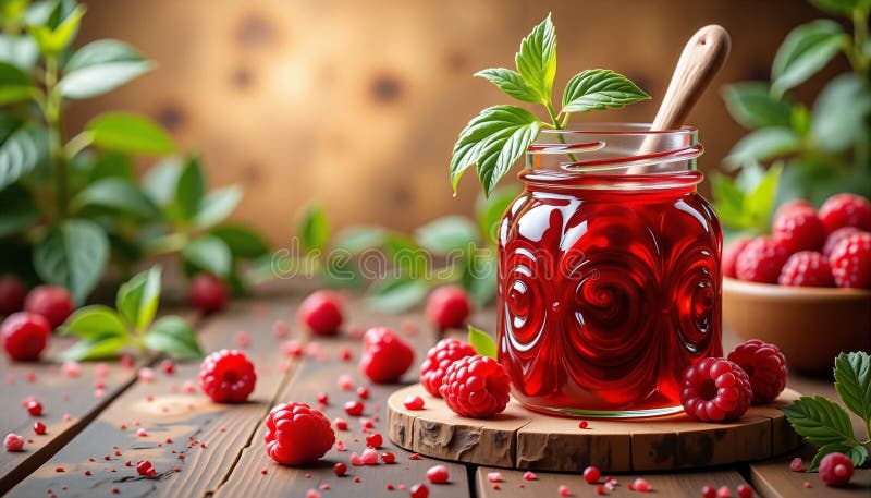 Homemade Raspberry Jam in a Jar on a Wooden Table. AI Generated Stock ...