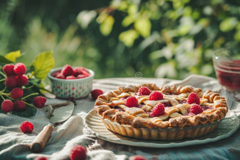 Homemade Raspberry Pie with Fresh Raspberries and Jam. Generative AI ...