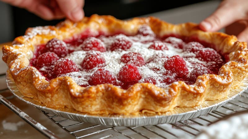 Homemade Raspberry Pie with Powdered Sugar on Crust Being Prepared in ...