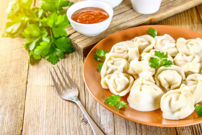 Homemade Ready Dumplings on an Old Wooden Table. Stock Image - Image of ...