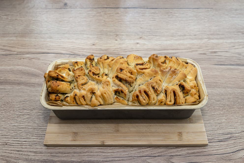 Homemade Rectangular Bread with Garlic Butter and Herbs, in a Baking ...