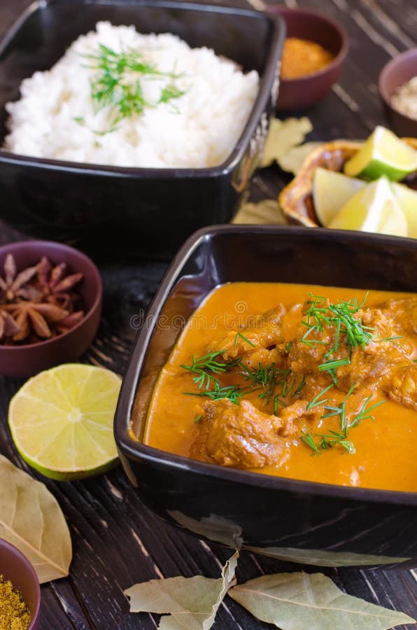 Homemade Red Curry with Beef and Rice Stock Image - Image of cilantro ...