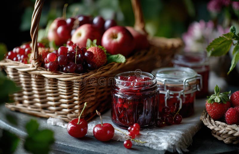 Homemade Red Fruit Jam Preserves in Jars with Fresh Fruit Basket Stock ...