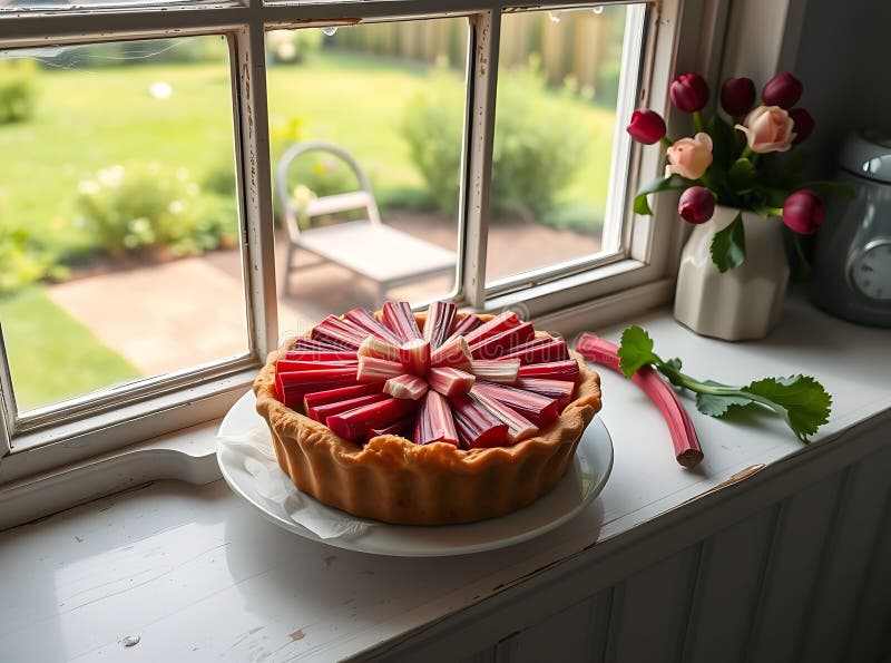 Homemade Rhubarb Pie on a Rustic Windowsill Overlooking Garden Ai ...