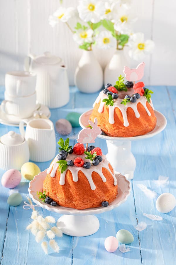 Homemade Ring Cake for Easter with Flower and Painted Eggs Stock Photo ...