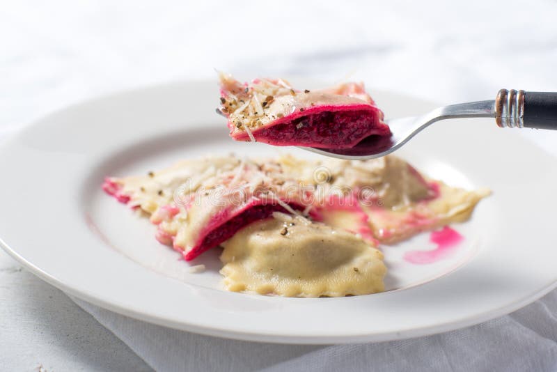 Homemade Roasted Beet Ravioli Pasta Stock Image - Image of appetizer ...