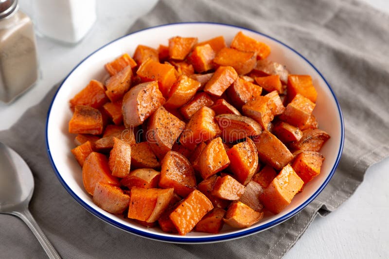 Homemade Roasted Sweet Potatoes on a Plate, Side View Stock Photo ...